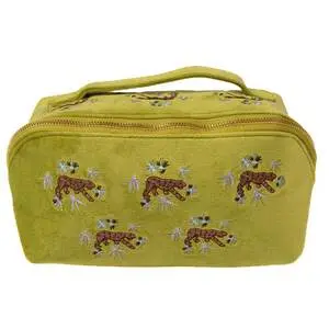 HOUSE OF MURPHY Embroidered Velvet Cosmetic Bag Cheetah - Green