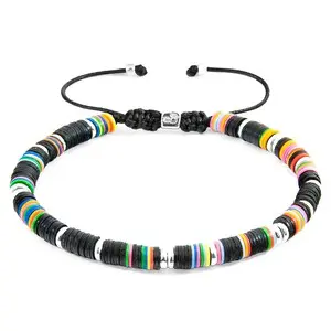 ANCHOR & CREW Kivu Silver & Vinyl Disc Macrame Bracelet - Black