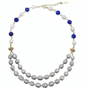 FARRA Blue / Grey Gray Freshwater Pearls With Round Lapis Double Strands Necklace - Blue/grey