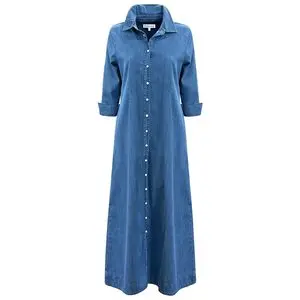 PERLAVERA Giorgia Mid Washing Denim Three Quarter Sleeve Length Slim Fit Maxi Dress - Blue