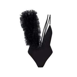 LIA ARAM Contemporary Ruffled Tulle Bodysuit - Black