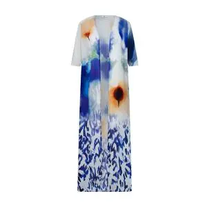 DHARA SHETH, DUBAI Ciel & Sand Short Sleeves Long Kimono Blue & Brown Beach Cover Up - Brown/blue/white