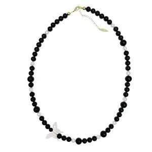 FARRA Black / White Black Obsidian With White Butterfly Charm Statet Necklace - Black/white