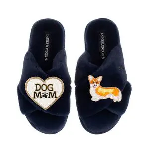 LAINES LONDON Classic Faux Fur Slippers With Embellished Brooches - Blue