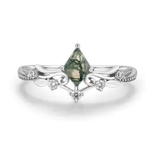 AZURA JEWELRY NEW YORK Victorian Lace Moss Agate Ring White Gold Vermeil - Silver