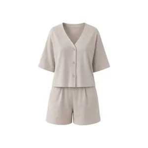 OH!ZUZA NIGHT&DAY Neutrals Meryl Linen Viscose Short Set Contrast Piping - Beige