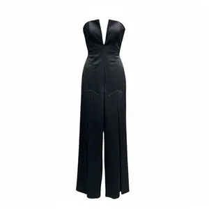 IMAATU Scarface Jumpsuit Sculpting Satin Corset Extreme V-neckline Wide Leg Trousers Tie - Black