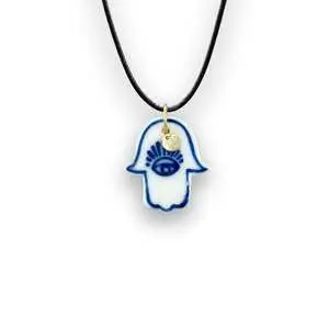 Tiké Jewels Large Blue Hamsa Hand Yoga Porcelain Choker Necklace – Plated - Gold
