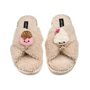 LAINES LONDON Boucle Slippers With Ice Lolly & Ice Cream Brooches - Brown