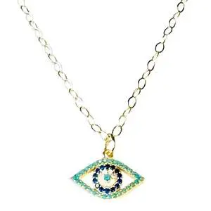 LEXI JEWELRY Gold Evil Eye Necklace With Cubic Zirconia & Aquamarine Colored Accents - Blue