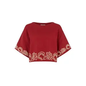 RAFFYA Milly Embroide Split Open Back Blouse In Berry - Red