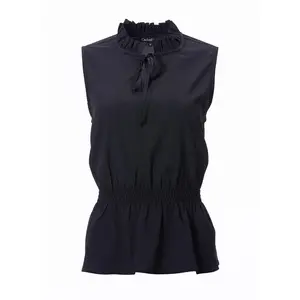 CARLOSLINES Front Neck Tie Smocked Waist Sleeveless Top In Solid - Black