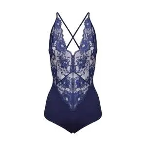 OH!ZUZA NIGHT&DAY Navy Bodysuit Soft Viscose & Delicate Lace - Blue