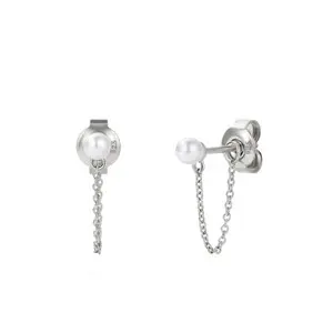 UNALOE Sterling Pearl Chain Drop Earrings – Contemporary Minimalist Jewelry - Silver