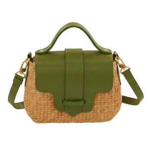 SILK AND BEARS Handwoven Water Hyacinth Mini Crossbody Bag – Olive Leather Trim - Green