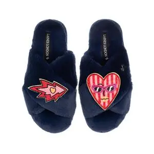 LAINES LONDON Electric Love Brooch Faux Fur Slippers - Blue