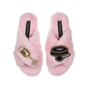 LAINES LONDON Faux Fur Cross Strap Slippers With Embellished Brooches - Pink