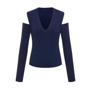 EMMA WALLACE Navy Ribbed Wool V-neck Cold Shoulder Long Sleeve Top - Blue