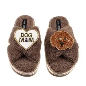 LAINES LONDON Neutrals Boucle Slippers With Dog Mum/mom & Apricot Cockapoo Brooches Mink - Brown