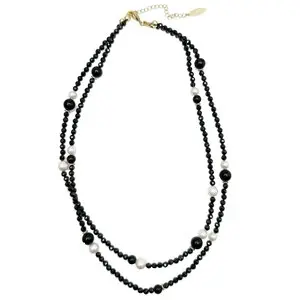 FARRA Classic Obsidian With White Freshwater Pearls Double Layers Necklace - Black