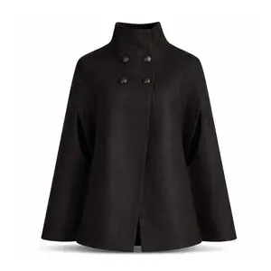 NIKKA PLACE Wool Military Pea Coat With Front Buttons & High Neck - Black
