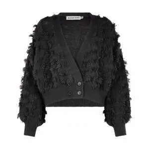 SOUR FIGS Fringed Checkerboard Cardigan - Black