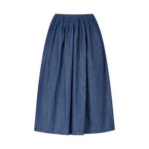 YUMI Denim Chambray Gathered Midi Skirt - Blue