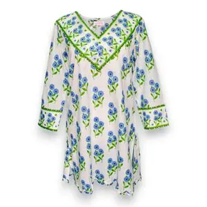 MARY MARSHMALLOW V-neck Scallop Tunic Bunch Of Daisies Periwinkle - Blue