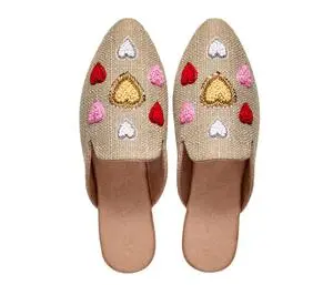FUCHSIA SHOES Neutrals Little Love Handmade Hearts Embroidered Jute Mules Natural - Pink