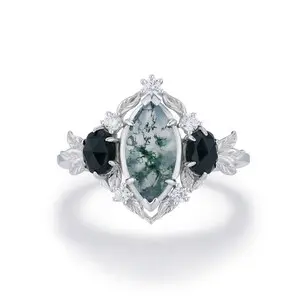 AZURA JEWELRY NEW YORK Noctis Marquise Moss Agate And Onyx Ring In White Gold Vermeil - Silver