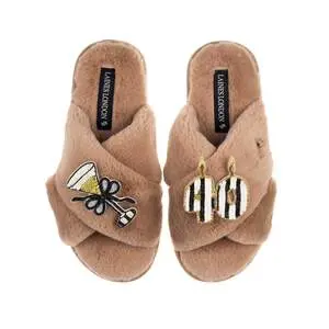 LAINES LONDON Embellished Faux Fur Cross Strap Slippers - Brown