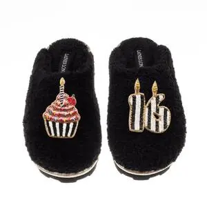 LAINES LONDON Teddy Closed Toe Slippers With Brooch Embellishments - Black