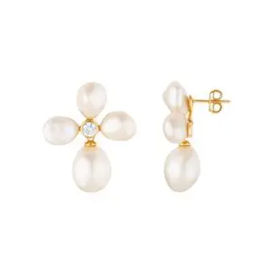 LULU B LONDON Pearl Flower Stud Drop Earrings With Cubic Zirconia - Gold