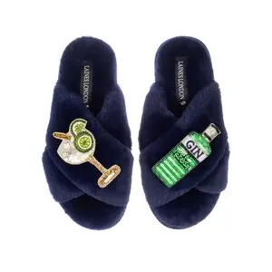 LAINES LONDON Classic Slippers With Gin & Glass Brooches - Blue