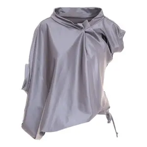 SILVIA SERBAN Grey / Silver Asymmetric Oversized Blouse With Pleated Collar - Grey/silver