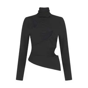 SOUR FIGS Asymmetric Cutout Stretch Knit Top - Black