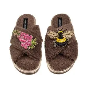 LAINES LONDON Neutrals Laines Neutral Boucle Slippers With Honeybee & Pink Foxglove Flower Brooches Mink - Brown
