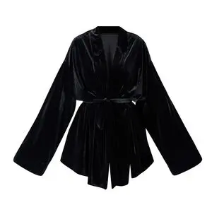 LIA ARAM Velvet Belted Wrap Blazer - Black