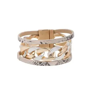 Saachi Metal Chain Link Leather Bisque Bracelet - Black