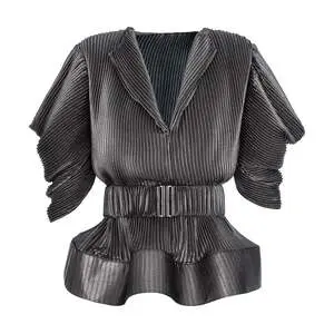 SILVIA SERBAN V-neck Pleated Voile Blouse - Silver