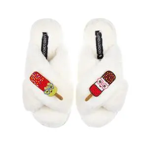 LAINES LONDON Embellished Cross Strap Slippers - White