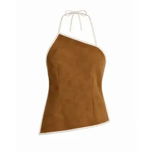 LUROQ LONDON Faux Suede Halter Top Tan - Brown