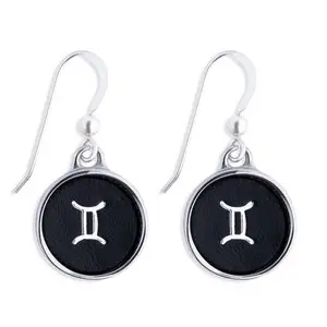 N'DAMUS LONDON Silver / Black Zodiac Gemini Black Leather Earrings - Silver/black