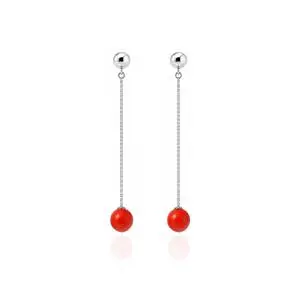 UNALOE Silver / Red Sterling Silver Coral Drop Earrings – Contemporary Minimalist Chain Designer Jewelry - Silver/red