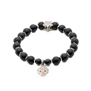 EBRU JEWELRY Black / Silver Sterling Silver Sugar Skull Charm Black Onyx Stone Beaded Bracelet Black - Black/silver