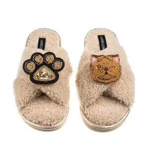 LAINES LONDON Embellished Boucle Slippers With Cat And Paw Brooches - Brown
