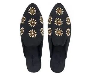 FUCHSIA SHOES Galaxy Handmade Pearl Embroidered Velvet Pointed Toe Mules - Black
