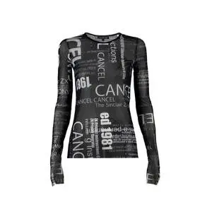 UNA BERZINA Printed Sheer Mesh Top "cancel/print - Black