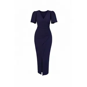 GIRL IN MIND Freya Puff Sleeve Wrap Neck Ruched Midi Navy - Blue