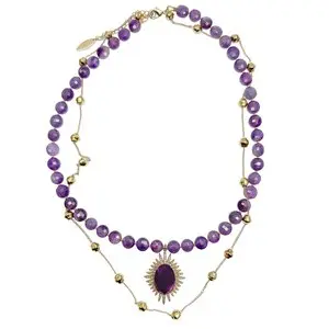 FARRA Amethyst Stones With Pendant Double Layers Necklace - Yellow